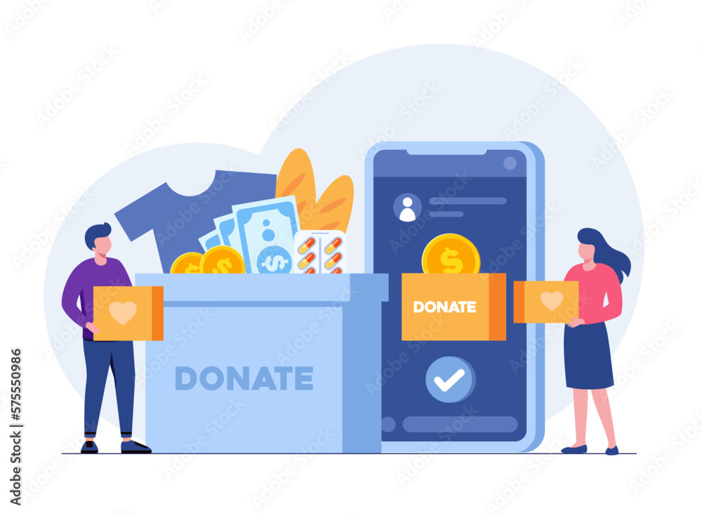 Characters donating money illustration set. Volunteers putting coins in ...