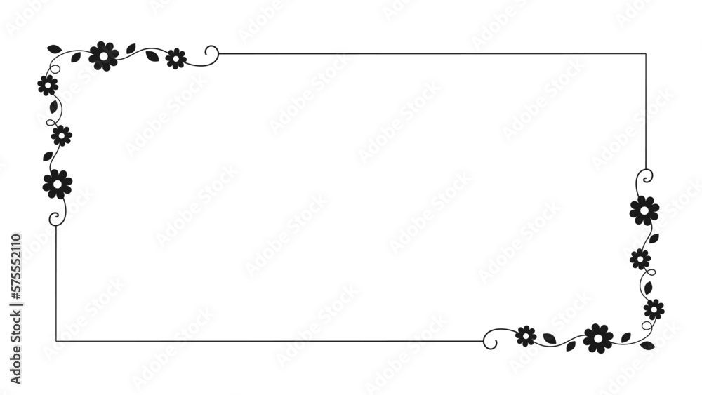 Floral rectangle frame. Hand drawn line border, leaves and flowers ...
