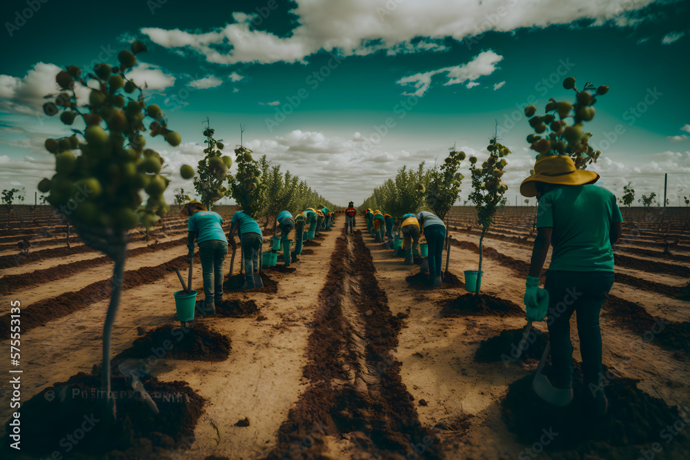 Rear view of tree planter man walks along future tree planting sites full of tropical rainforest ...