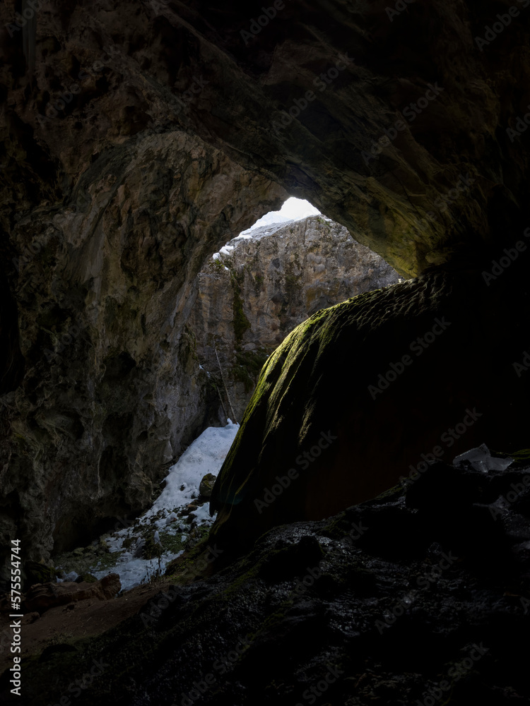 stalactites, stalagmites and large calcareous pillars inside the cave ...