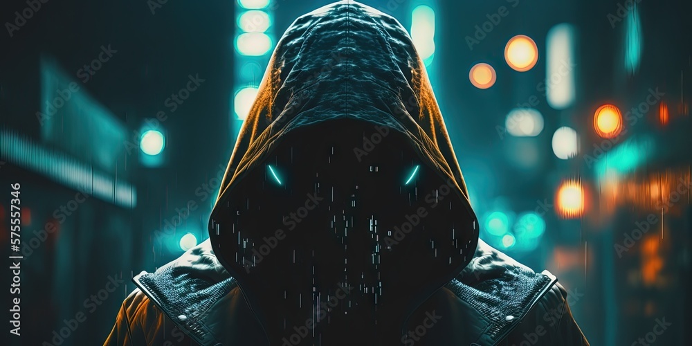 Abstract hooded hacker with hidden face, Technology cyberpunk ...