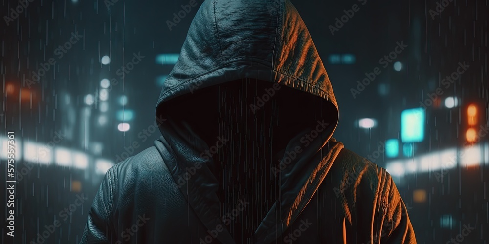 Abstract hooded hacker with hidden face, Technology cyberpunk ...