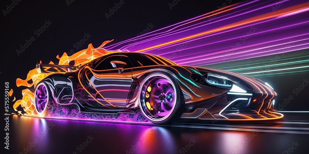 Speeding Sports Car On Neon Highway. Powerful acceleration of a ...
