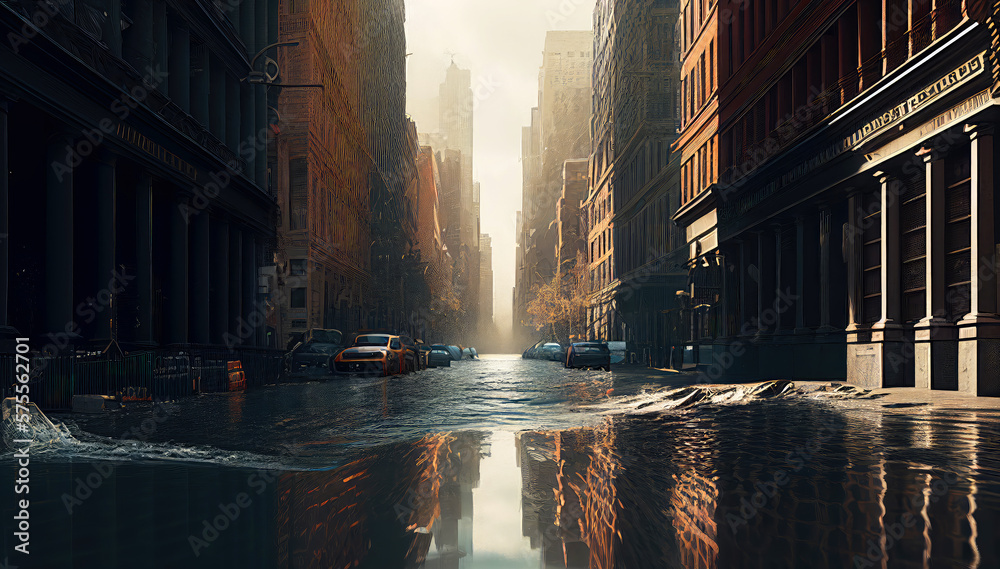 City Flood illustration. Lot of water on the streets with cars. Natural ...