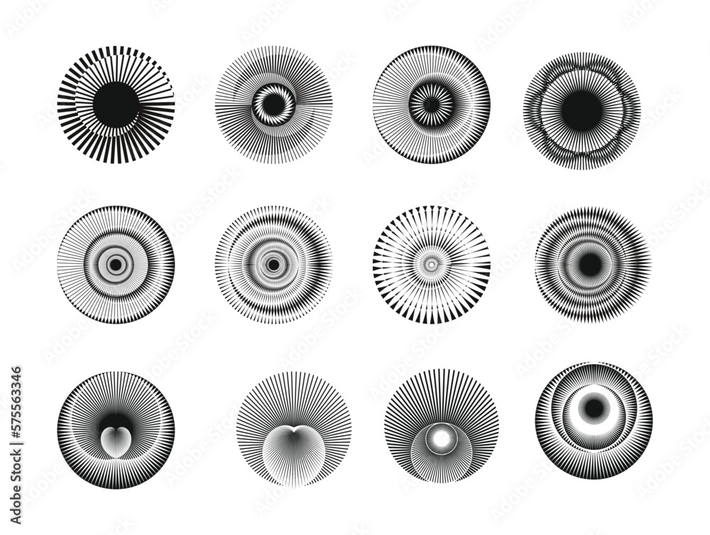 Set of editable spiral line flowing from the center outwards and vice ...