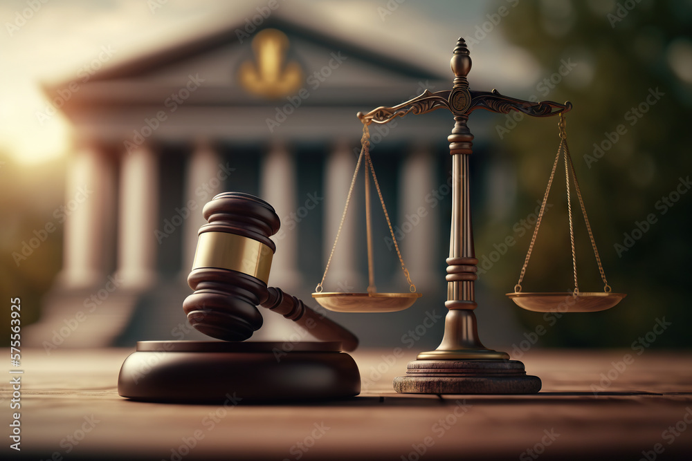 Judicial gavel, book and scales of justice on background of Court Hall ...