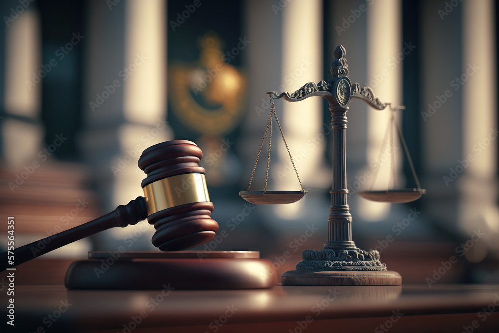 Judicial gavel, book and scales of justice on background of Court Hall ...