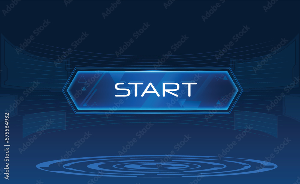 Futuristic screen blue background with start button floating in space ...