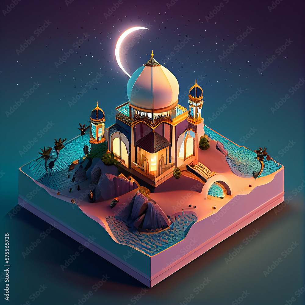 Golden Hour Serenity: Hyper-Realistic Square-Shaped Miniature Mosque ...
