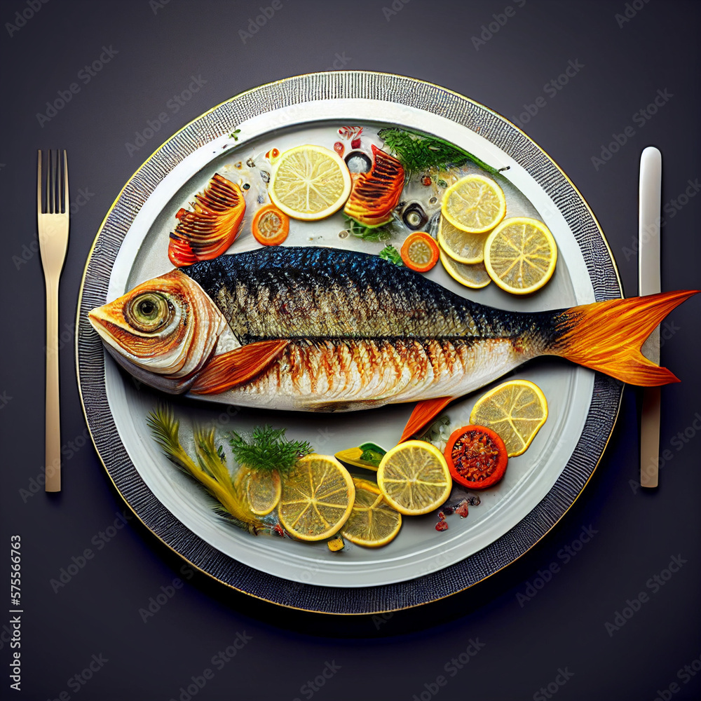 Generative AI: Grilled orange tailed fish served with lemon slices ...