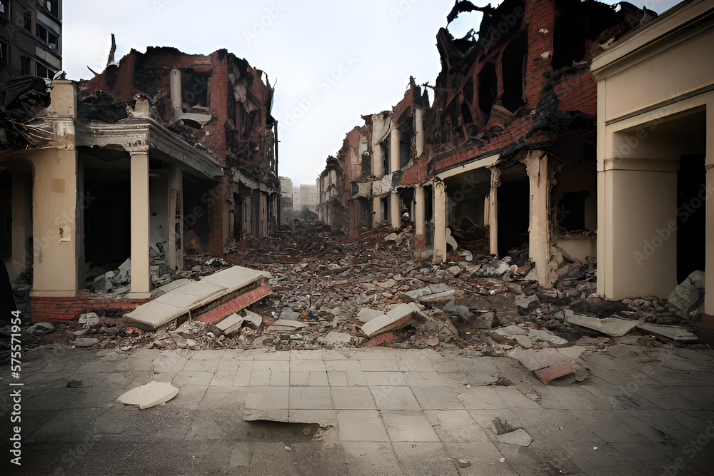 War-torn city with broken buildings. Street of the bombed-out city ...