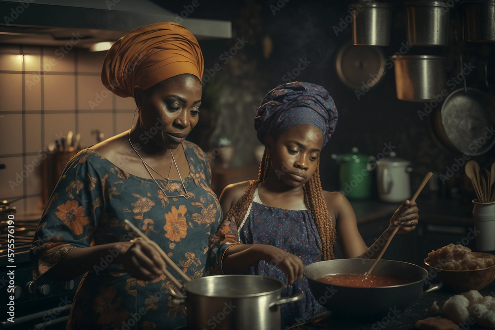 Generative AI. African mother and child cooking Stock Illustration ...