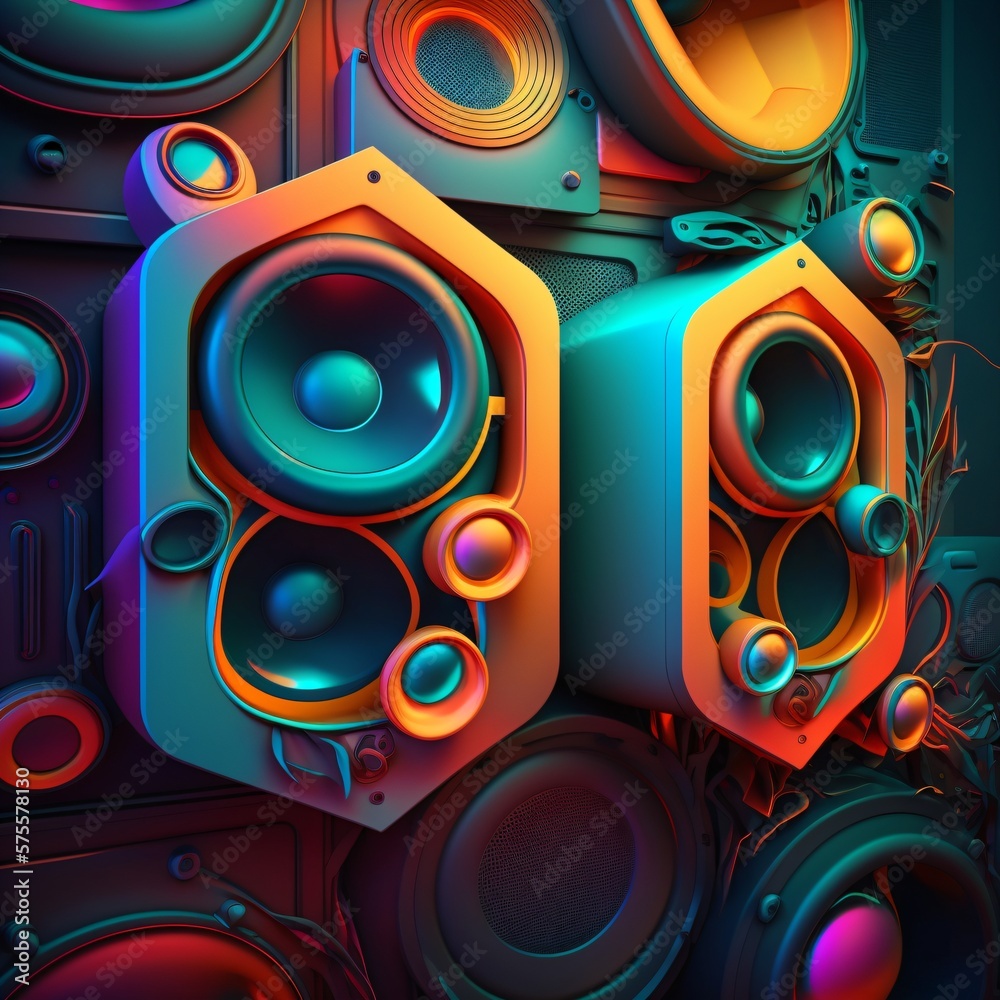 neon style graffiti wall of music speakers, a large stack of futuristic ...