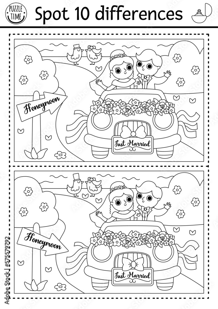 Find differences game for children. Wedding black and white activity ...