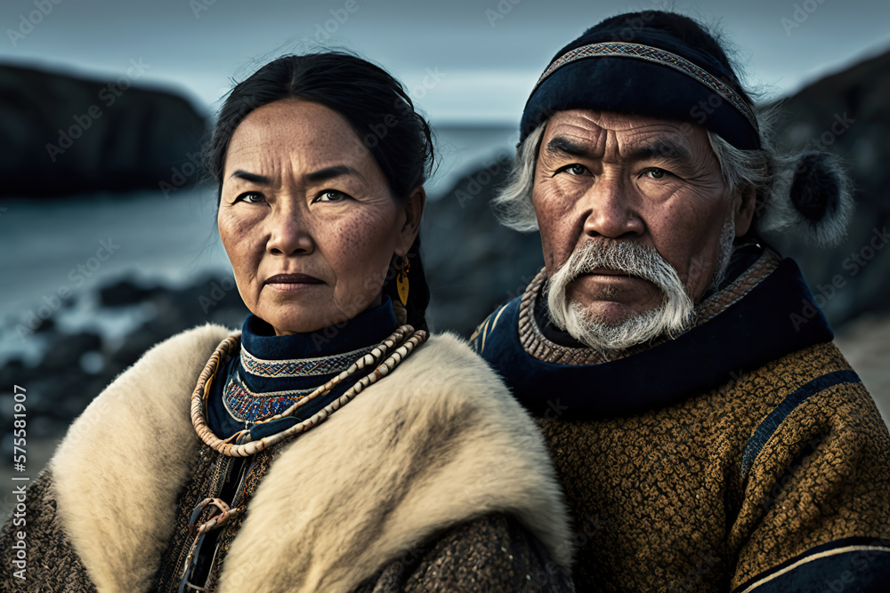 Elderly Inuit Couple in Traditional Clothing from Greenland. Generative ...