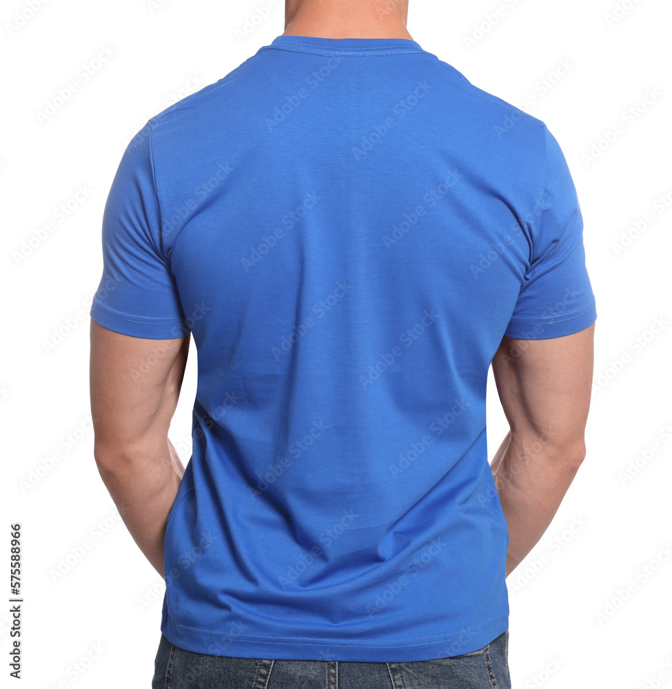 Man wearing blue t-shirt on white background, back view. Mockup for ...