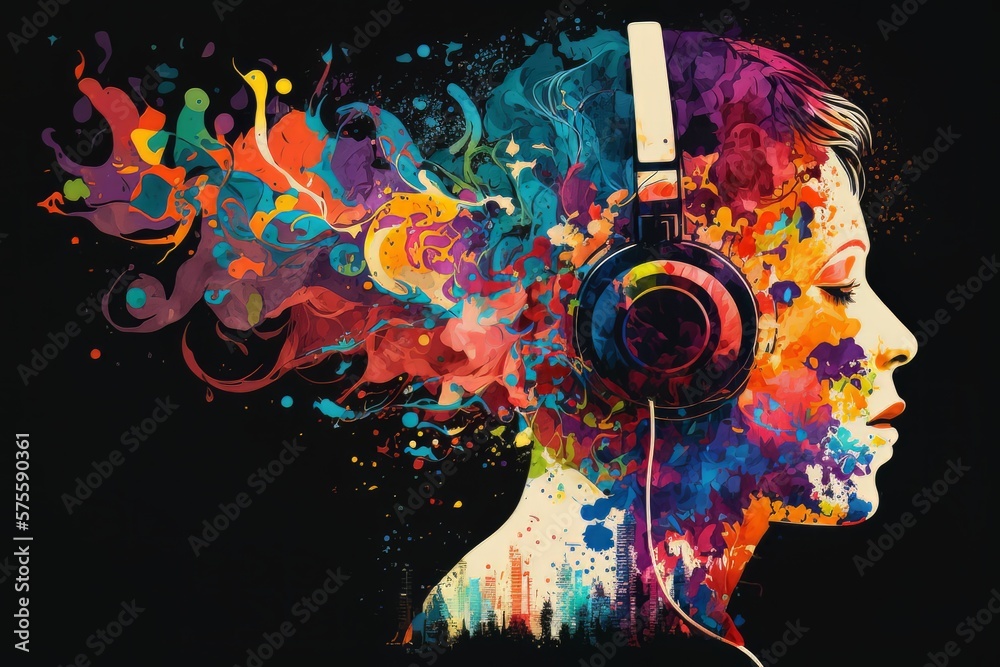 Beautiful woman listening to music, colorful head wearing headphones ...