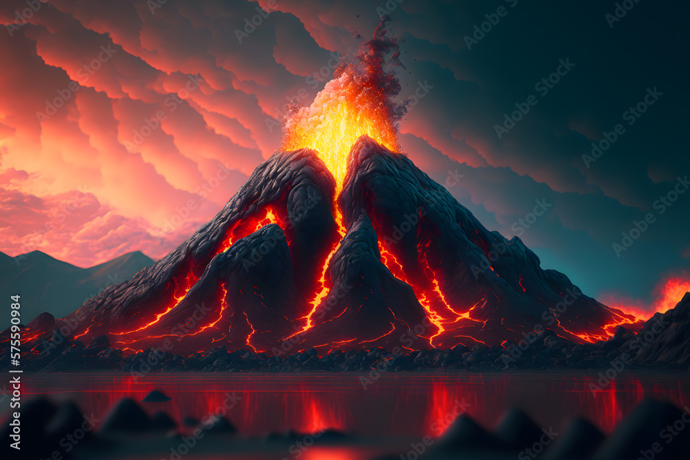 Night fantasy landscape with abstract mountains and island on the water ...