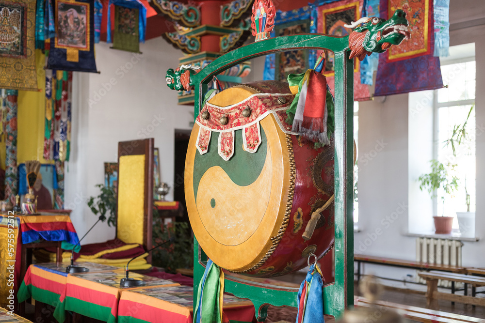 Big drum in a Buddhist temple.Buddhist gong inside the Buddhist temple ...