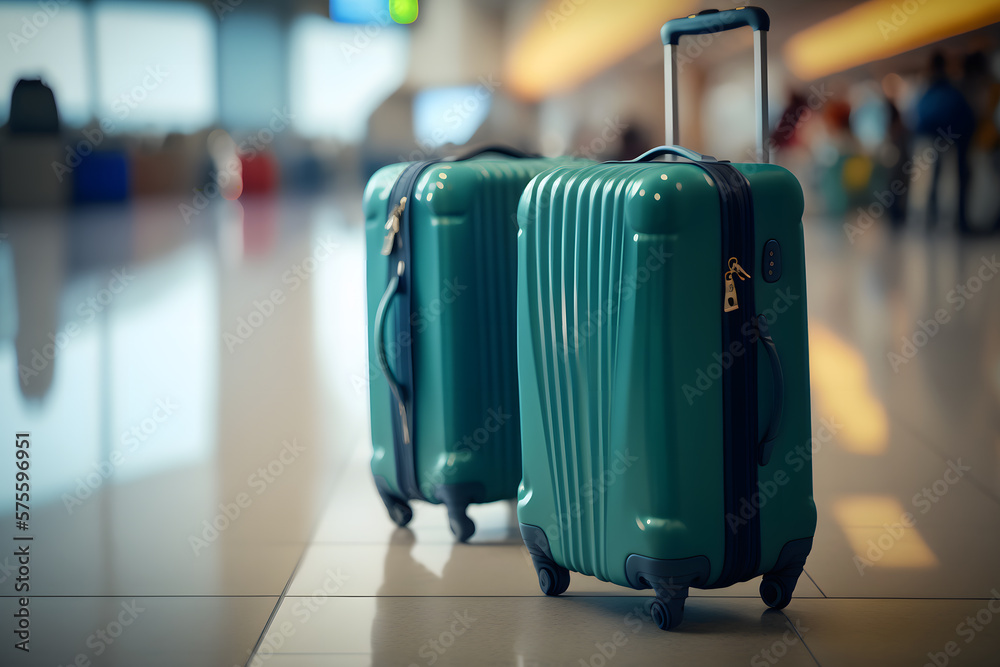 Baggage bags in blurred typical airport interior, copy space with ...
