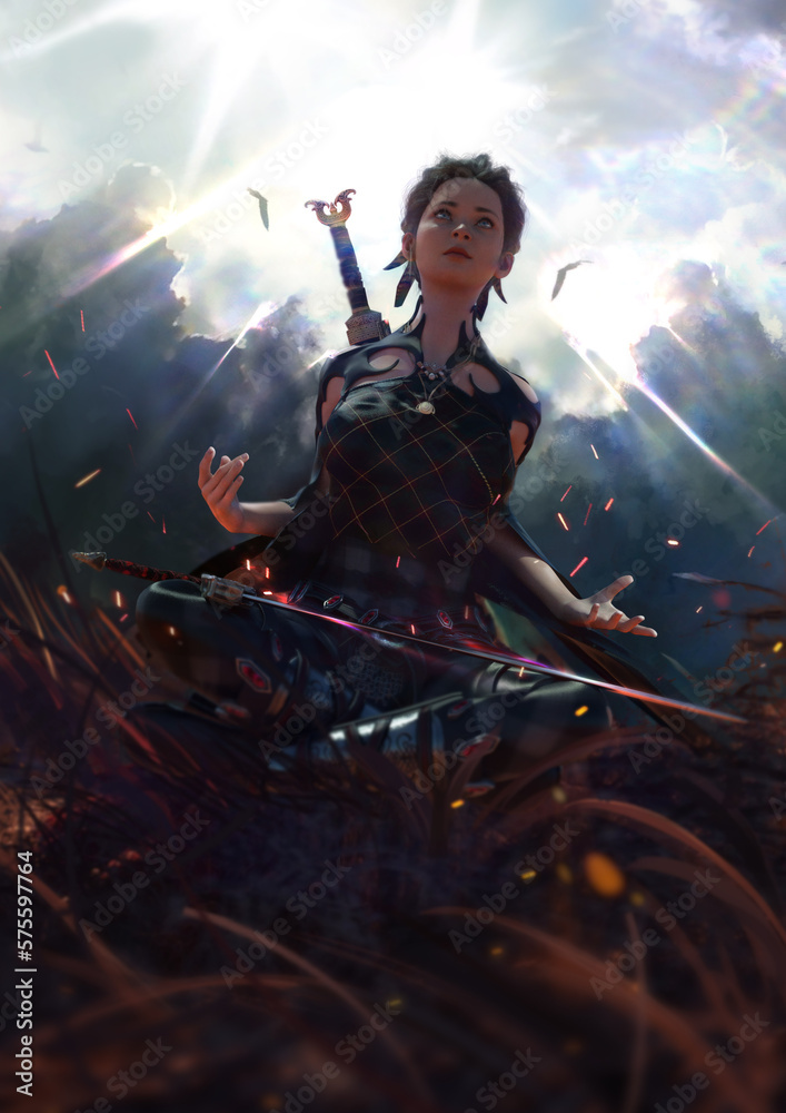 A warrior girl sits in a motivated pose on the battlefield, surrounded ...