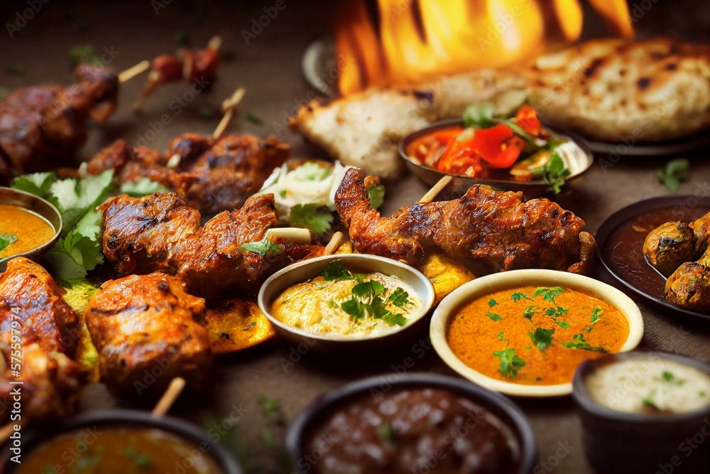 indian pakistani arab famous traditional barbeque dishes on dinner ...
