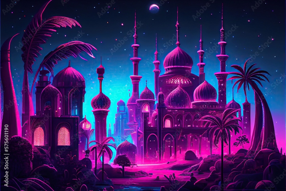 Generative AI illustration of Fairy - tale Arabian night city with ...