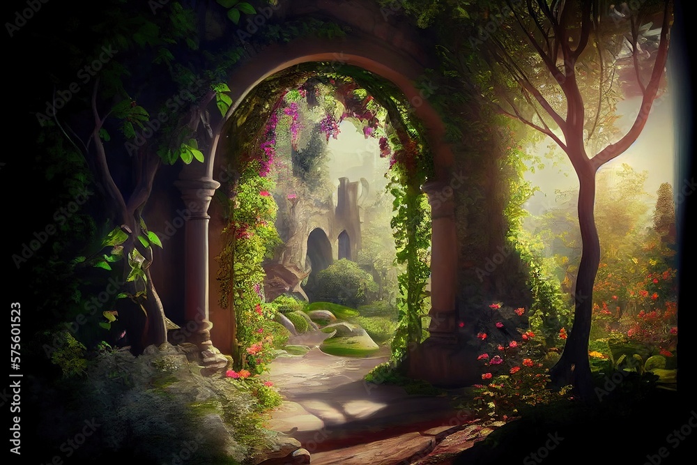Generative AI illustration of unreal fantasy landscape with trees and flowers. Sunlight, shadows ...