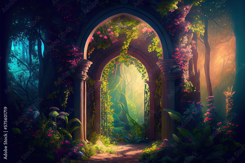 Generative AI illustration of unreal fantasy landscape with trees and flowers. Sunlight, shadows ...