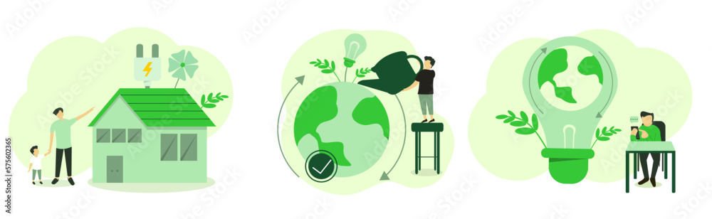 Sustainability illustration set. Characters reduce energy consumption ...