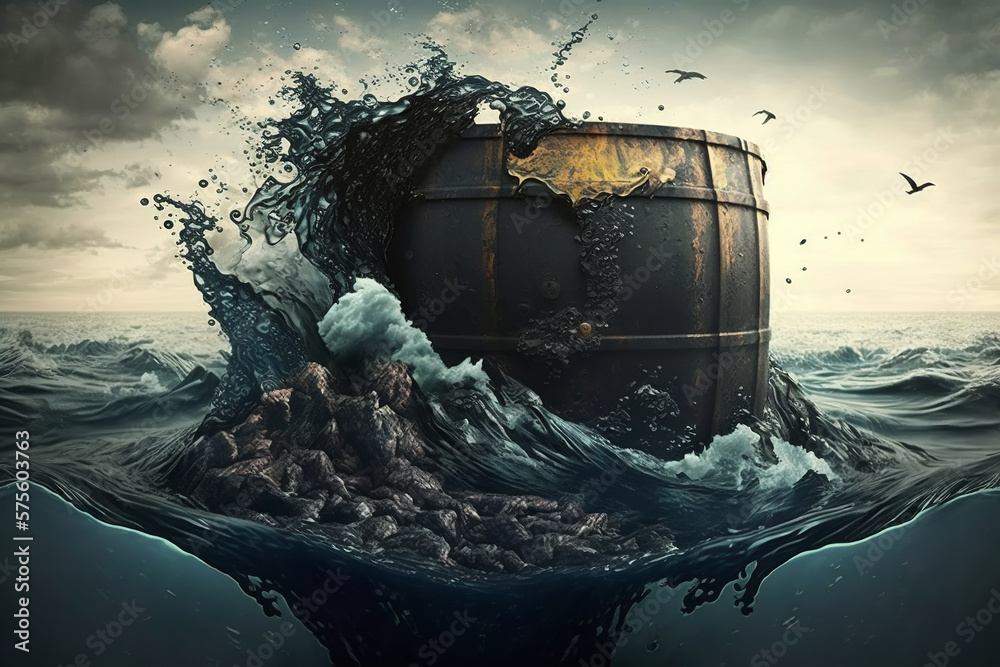 Dirty rusty iron barrel of oil floating in water. Ocean pollution ...