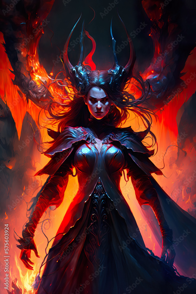 Demon Queen with Horns and Flowing Cape Reigns Supreme Generative AI ...