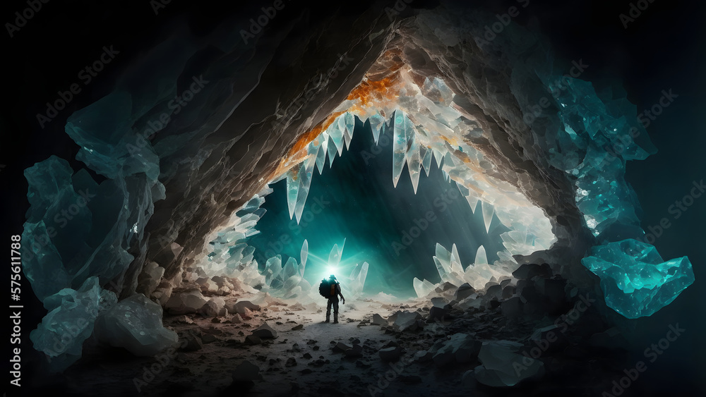 human figure in large glowing crystal cave, neural network generated ...