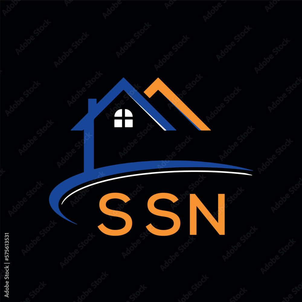 SSN house logo, letter logo. SSN blue image on black background and ...