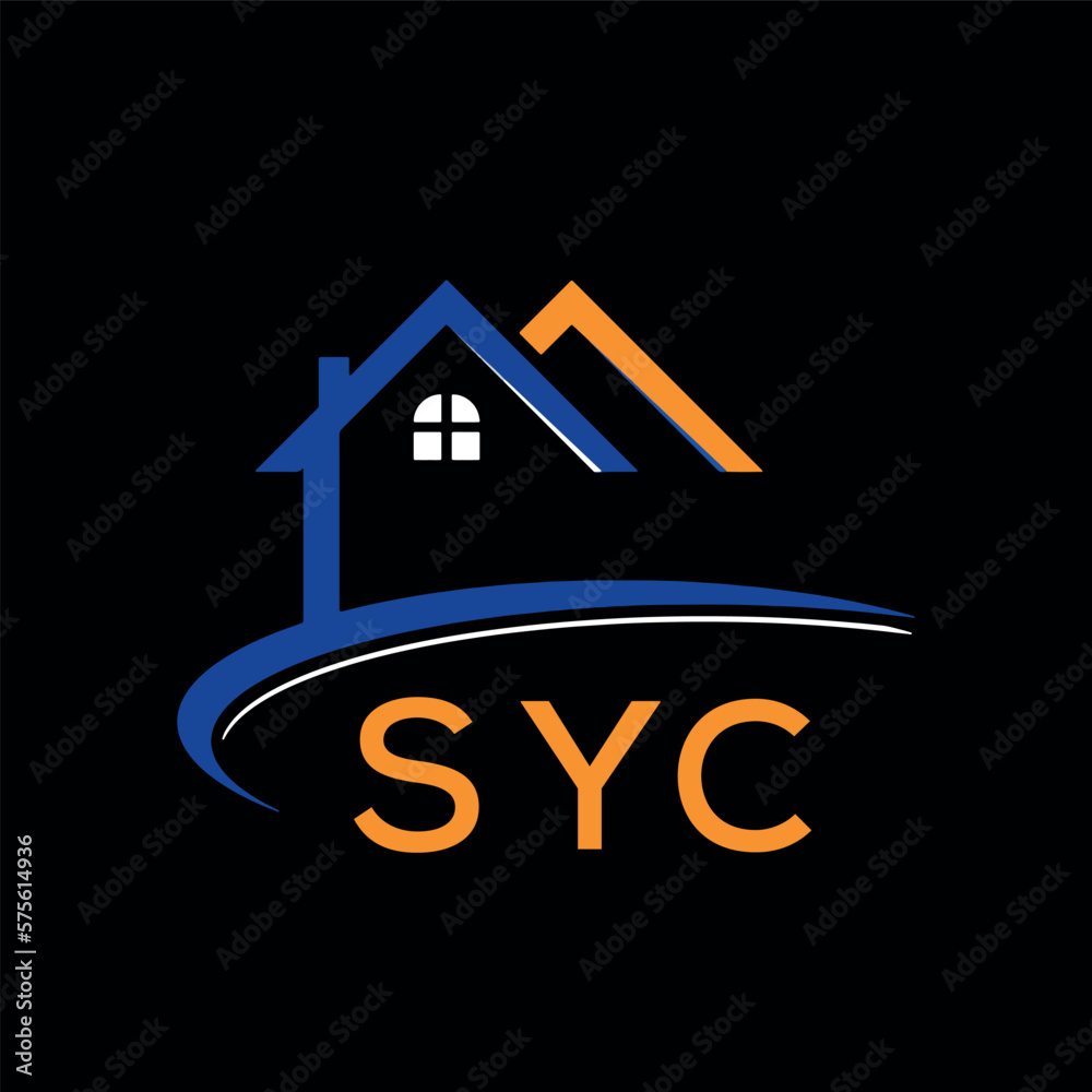 SYC house logo, letter logo. SYC blue image on black background and ...
