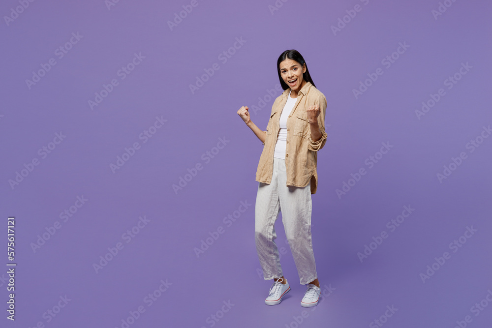 Full body young latin woman wear light shirt casual clothes doing ...