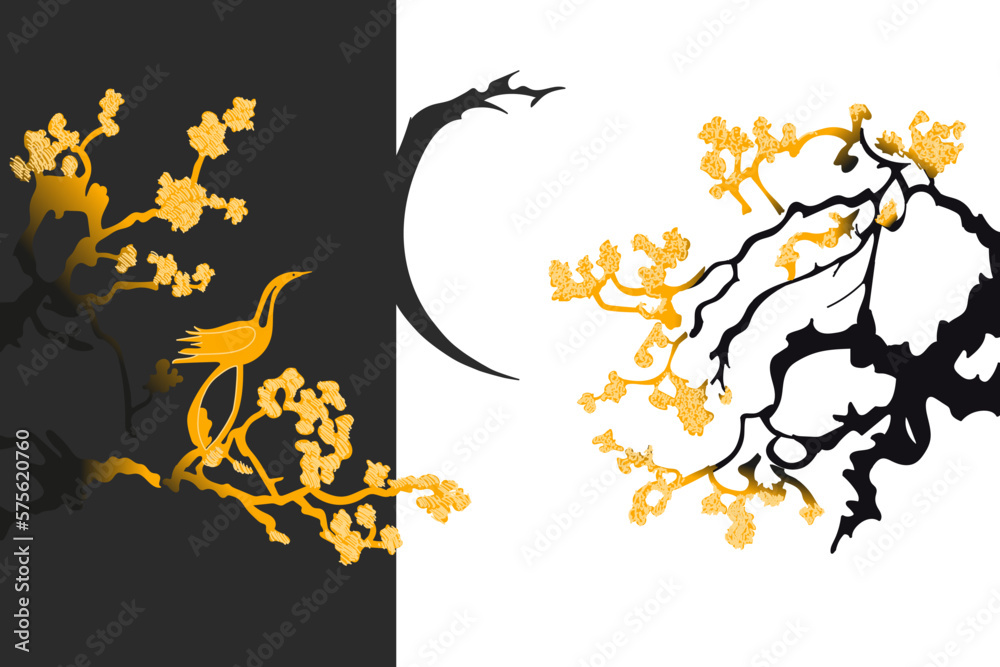 Chinese tree on a black and white background with a crane. Chinese ...