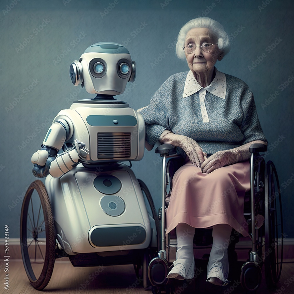 futuristic robot taking care of grandma, concept of helping the elderly ...