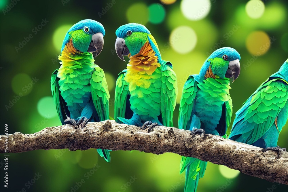 Three green parrots on a tree in the rainforest. Generative Al ...