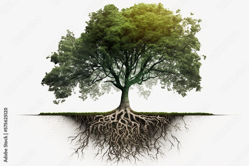 Big green tree with roots beneath isolated White Empty Background ...