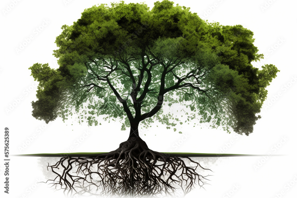 Big green tree with roots beneath isolated White Empty Background ...