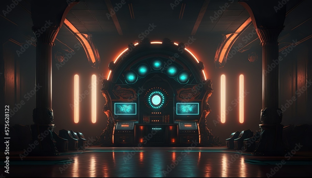 Dark mechanical sci-fi circus interior with cyberpunk theater stage and ...