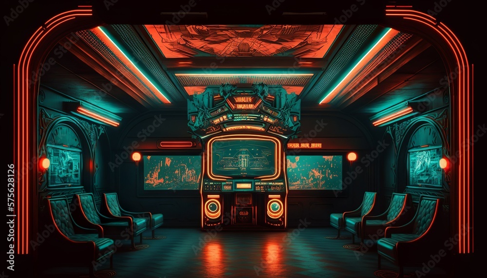 Dark mechanical sci-fi circus interior with cyberpunk theater stage and ...