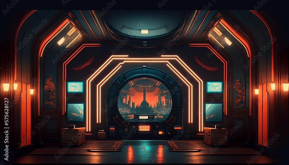 Dark mechanical sci-fi circus interior with cyberpunk theater stage and ...