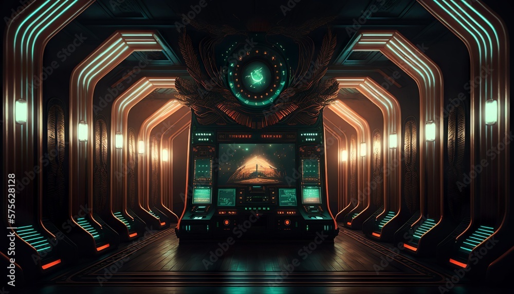 Dark mechanical sci-fi circus interior with cyberpunk theater stage and ...