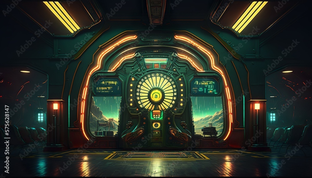 Dark mechanical sci-fi circus interior with cyberpunk theater stage and ...