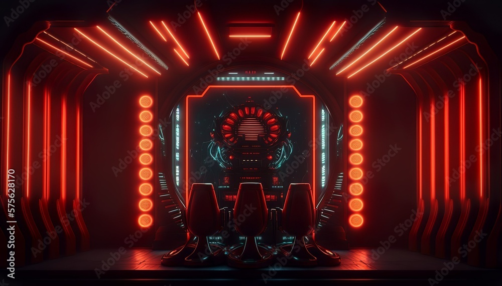 Dark mechanical sci-fi circus interior with cyberpunk theater stage and ...