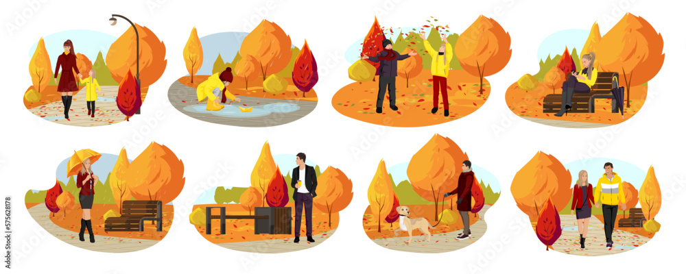 Set of family story in Autumn Park. Collection clip art of weekend ...