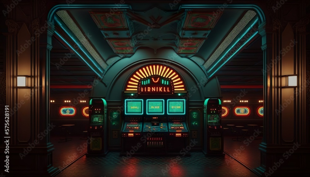 Dark mechanical sci-fi circus interior with cyberpunk theater stage and ...