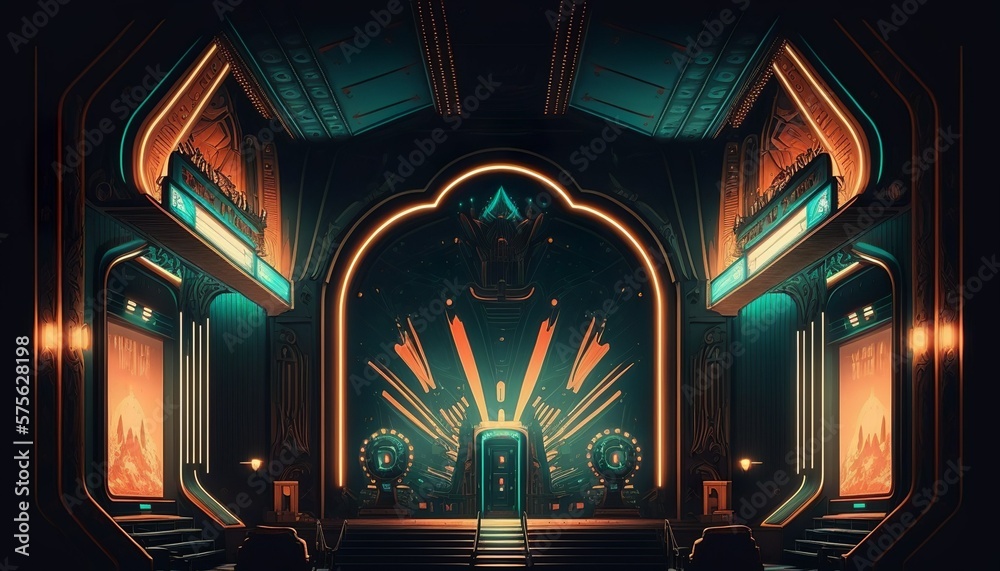 Dark mechanical sci-fi circus interior with cyberpunk theater stage and ...